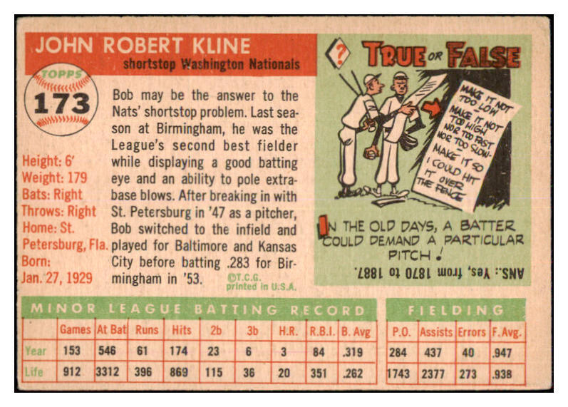 1955 TOPPS #173 BOB KLINE SENATORS VG-EX SET BREAK 467593 (KYCARDS) | eBay