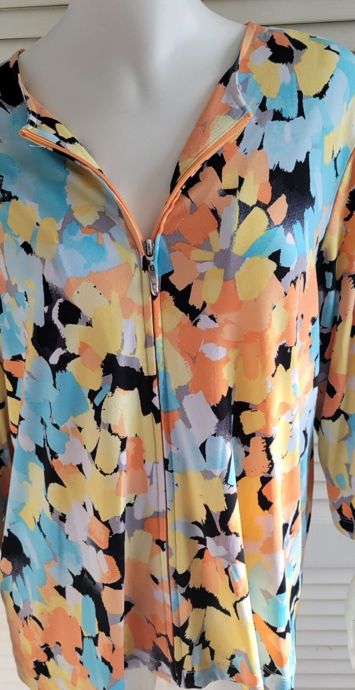 TanJay Womans Sz. L Blouse Top 3/4 Sleeve Multicolor Full Zip | eBay