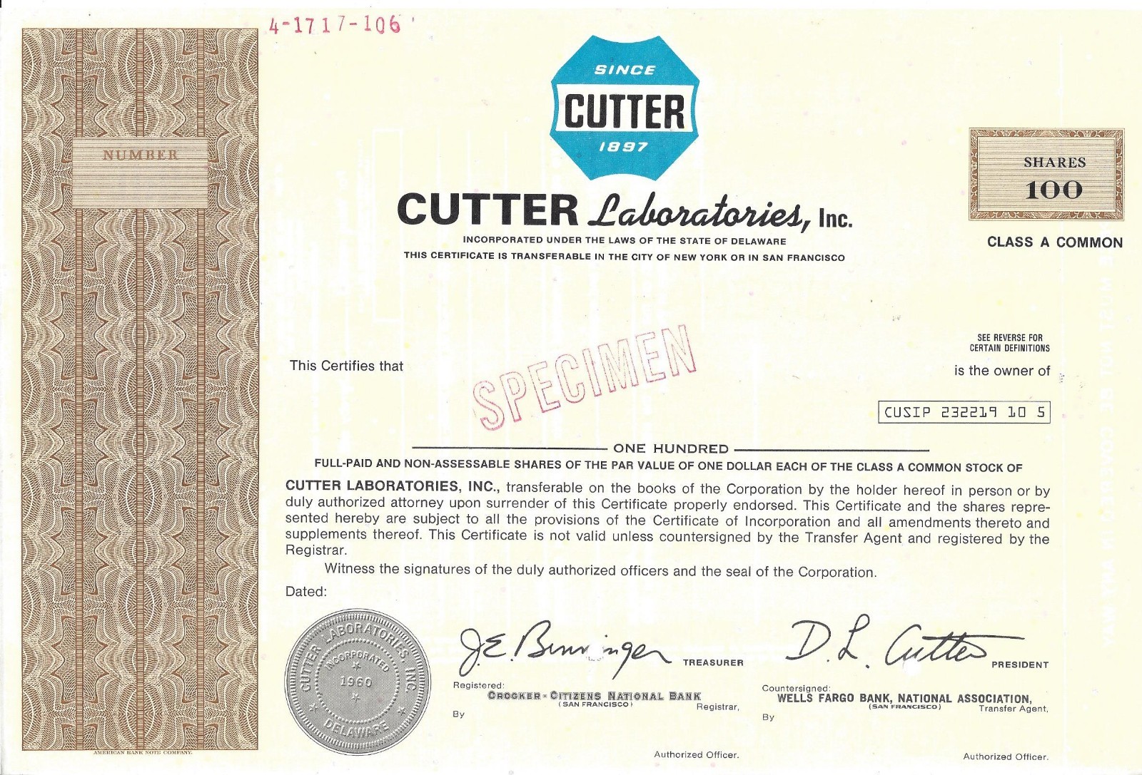 CUTTER LABORATORIES INC........ABN "SPECIMEN" COMMON STOCK CERTICFICATE ...