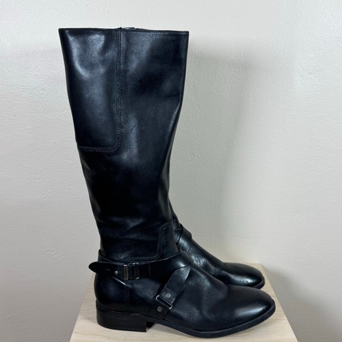 Nine West Women’s Black Leather Blogger Harness Riding Boots Mid Calf ...