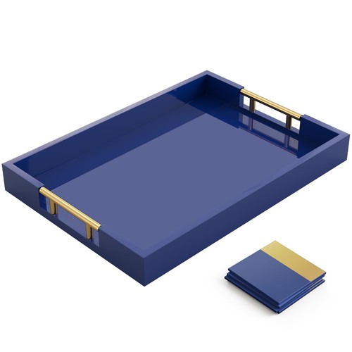 Navy Blue Serving Tray with 4 Matching Coasters, Decorative Gold ...