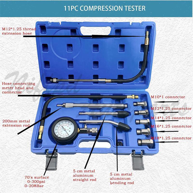 11 Pcs Cylinder Compression Tester Gas Engine Gauge Kit Tool | ATV ...