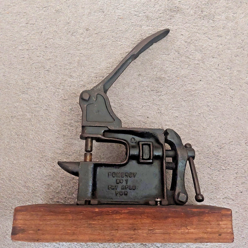 Cast Iron Pomeroy Vise & Punch Anvil Tool On Wood Base Cobbler Leather ...