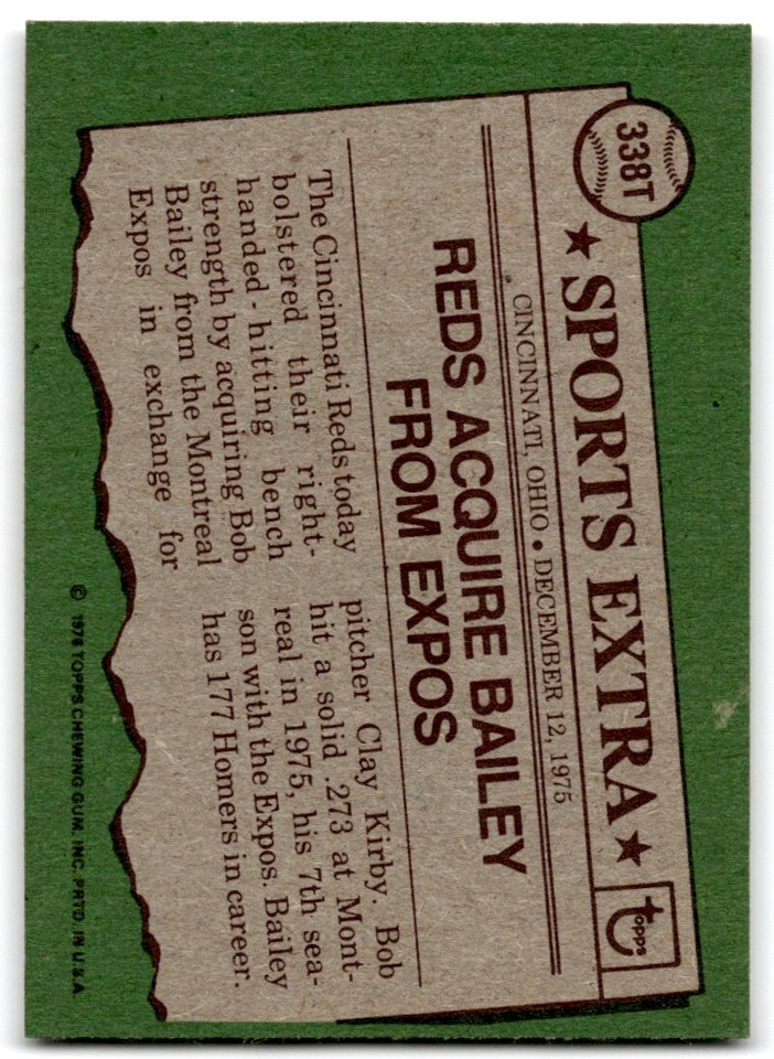 1976 Topps Traded Bob Bailey . Cincinnati Reds #338T | eBay