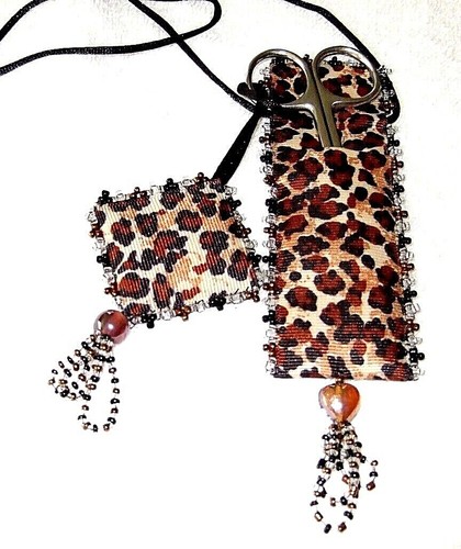 Leopard Print Beaded Ribbon Scissor Case & Pincushion W/ Scissor - NEW ...