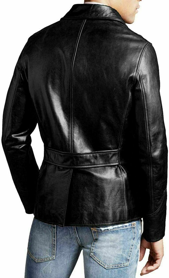 Men’s Genuine Lambskin Leather Classic 4 Button Blazer Black Jacket ...