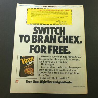 VTG 1979 Purina Bran Chex High-Fiber FREE Cereal Box Print Ad Coupon | eBay