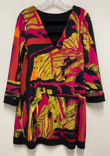 EVA VARRO Dress-Black/Red/Gold Polyester Knit Abstract Pattern 3/4 ...