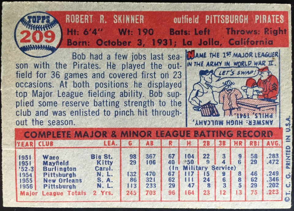 1957 Topps #209 BOB SKINNER Pittsburgh Pirates MLB baseball card EX | eBay
