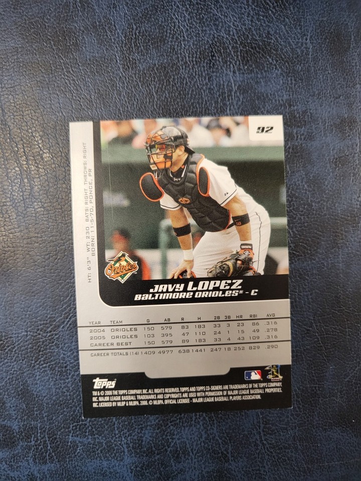 2006 TOPPS JAVY LOPEZ BALTIMORE ORIOLES SIGNED AUTOGRAPHED CARD #92 W ...