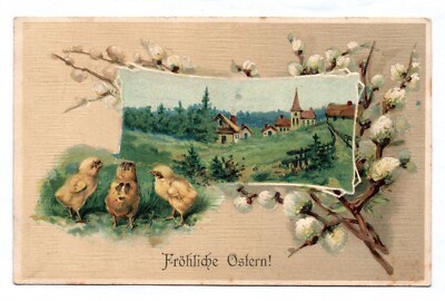 Artist Ak Happy Easter Chicks Houses Church | eBay