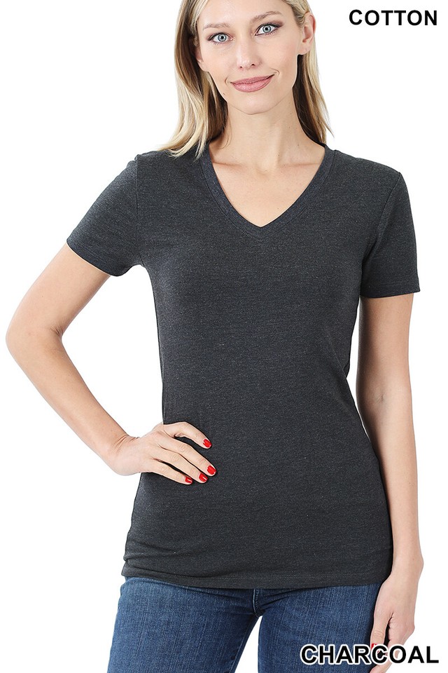 Women's V-NECK Basic Cotton Short Sleeve T-Shirt Soft Stretch Plain Top ...