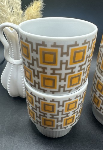 4~Mid Century Stackable Mugs~Nevco Japan~Orange &Tan Geometric ...