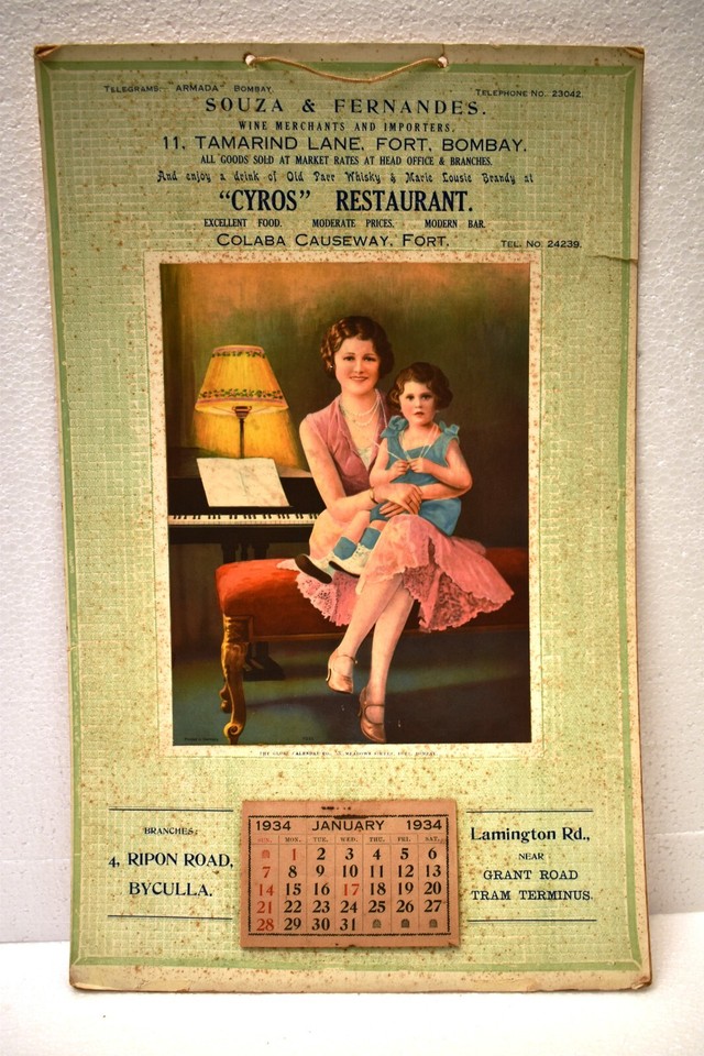 Vintage 1934 Souza & Fernandes Advertising Calendar Bombay India Wine ...