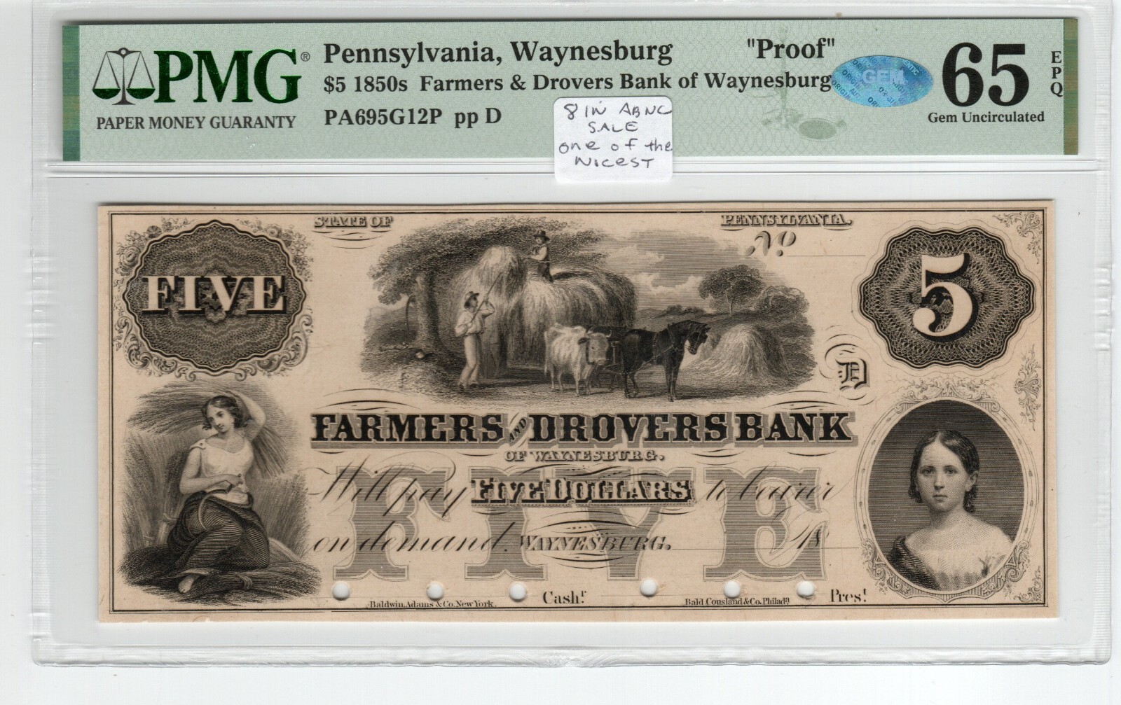 Pennsylvania - Farmers & Drovers Bank $5 - Proof - PMG Gem Unc 65 EPQ ...