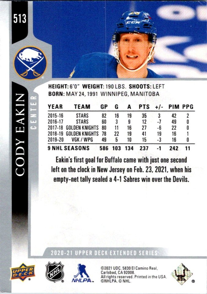 2020-21 Upper Deck Cody Eakin #513 Buffalo Sabres | eBay