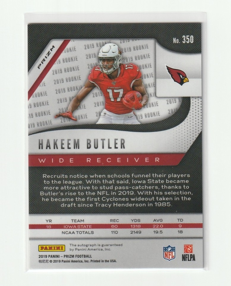 HAKEEM BUTLER 2019 Prizm Silver Rookie AUTO #350 ARIZONA CARDINALS | eBay