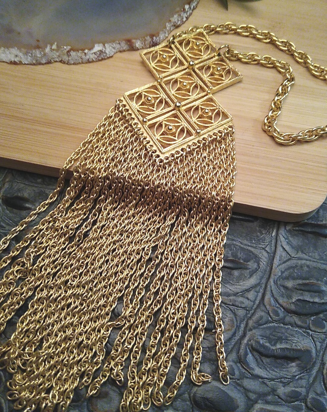Vintage GOLD TONE Double Diamond Shape Long Fringe Ne… - Gem
