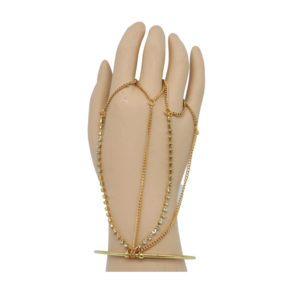 Women Gold Metal Cuff Bracelet Hand Chain Bling Ring 4 Fingers ...