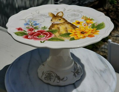 MAXCERA Bunny Rabbit Floral Porcelain Cake Plate Stand Spring ...