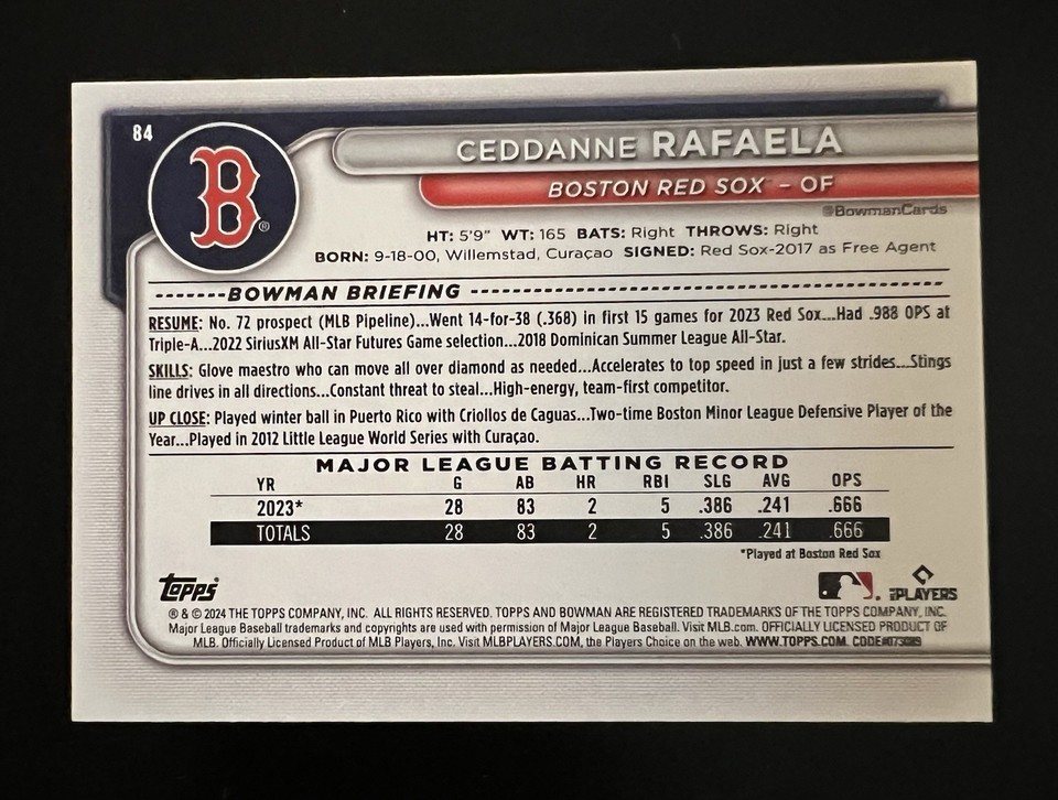 2024🔥Ceddanne Rafaela🔥Bowman Rookie #84 Boston Red Sox (RC) | eBay