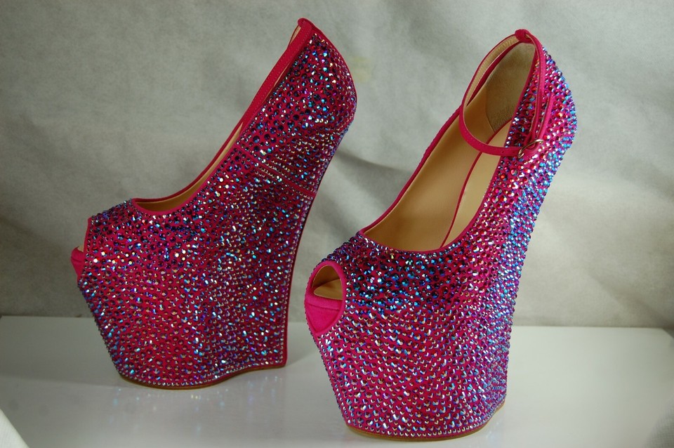 37/7 ️$3000 ZANOTTI HIGH HEELS LESS WEDGE PINK SUEDE LEATHER CRYSTAL ...