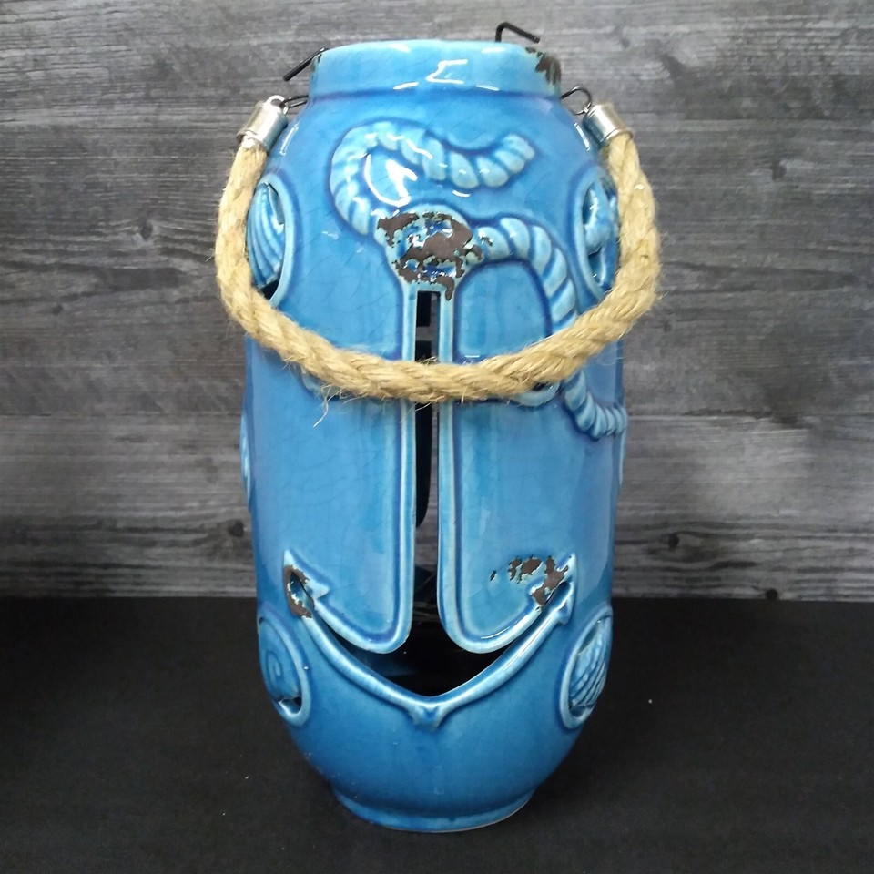 Nautical Maritime Lantern Light Blue With Red Led Lights Weathered Look ...