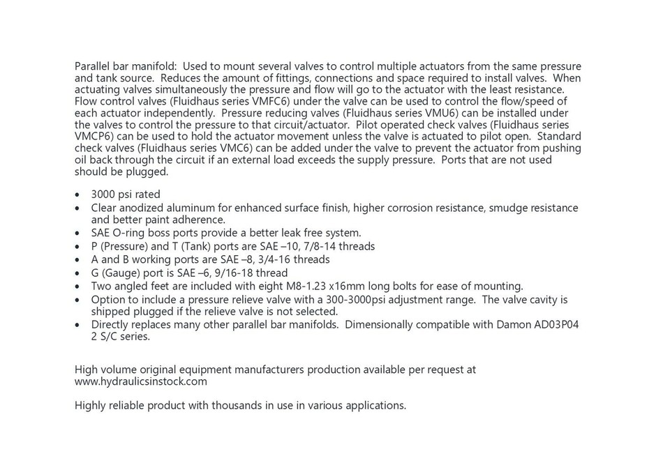 Hydraulic Valve Manifold Parallel 1-5 stations D03/NG6/Cetop-3 pattern ...