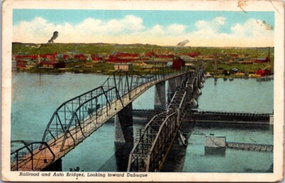 Railroad and auto bridges looking over Dubuque: Postcard PC201 | eBay
