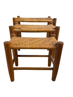 Vintage Rattan Footstool Rustic Wooden Stool Handwoven Seat 3 PC ...