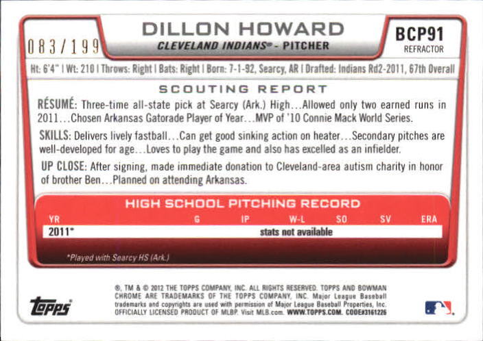 2012 Bowman Chrome Prospects Purple Refractors Indians Card #BCP91 ...