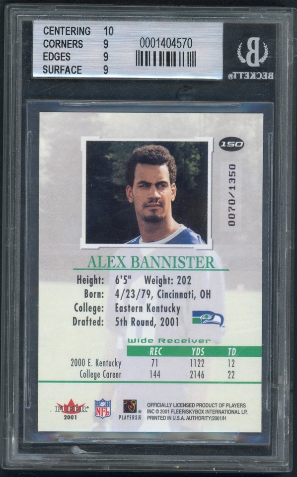 2001 Fleer Authority Alex Bannister Seattle Seahawks #150 BGS 9 MINT ...