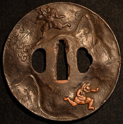 Tsuba Japanese antique made of iron Mumei Samurai and demon design Edo ...