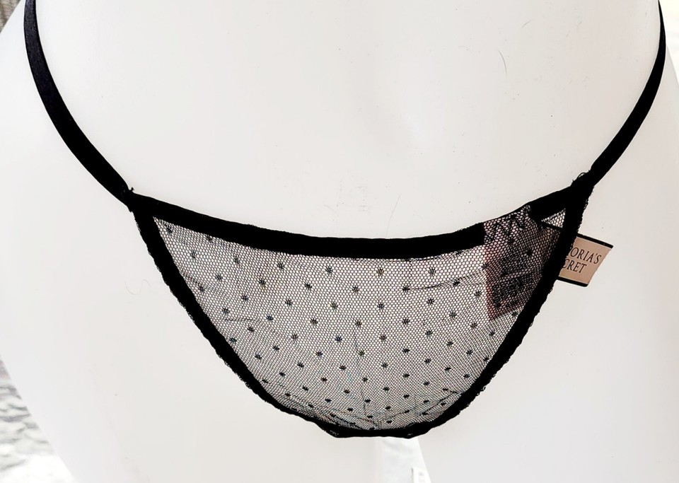 Victorias secret L String Dotted Black TINY Mesh Nothing Thong New ...