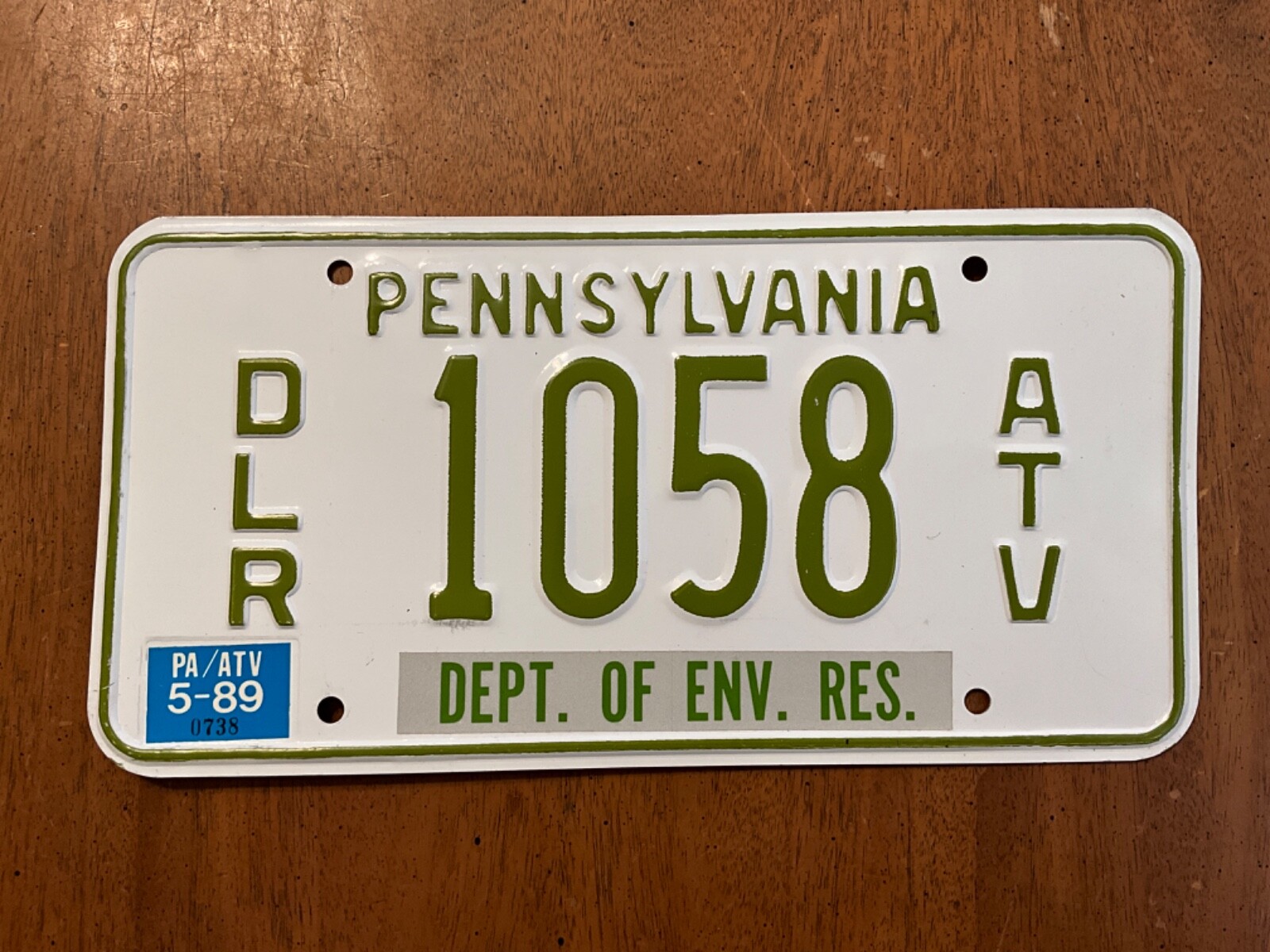 1989 Pennsylvania Dealer ATV License Plate Tag Dept. of Env. Res. 1058 ...