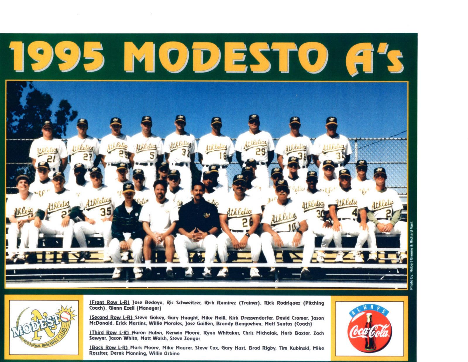 1995 MODESTO A'S ATHLETICS 8X10 TEAM PHOTO OAKLAND BASEBALL CALIFORNIA ...