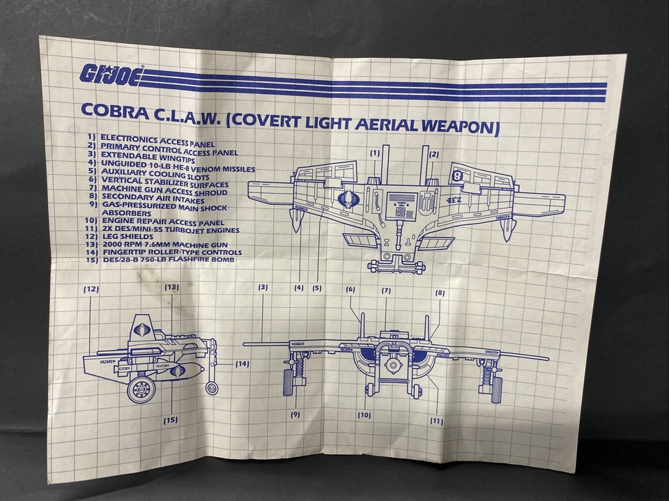 1980 Vintage GI Joe Instructions Blueprint Hasbro Cobra Claw Aerial ...