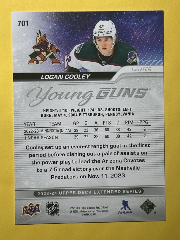 2023-24 Upper Deck Young Guns #701 Logan Cooley YG Rookie Utah Mammoth ...