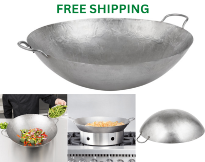 20" Round Silver Carbon Steel Hand Hammered Cantonese Wok Saute Asian ...