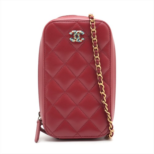 Chanel Matelasse Lambskin Chain Shoulder Bag phone case Red Gold Metal ...