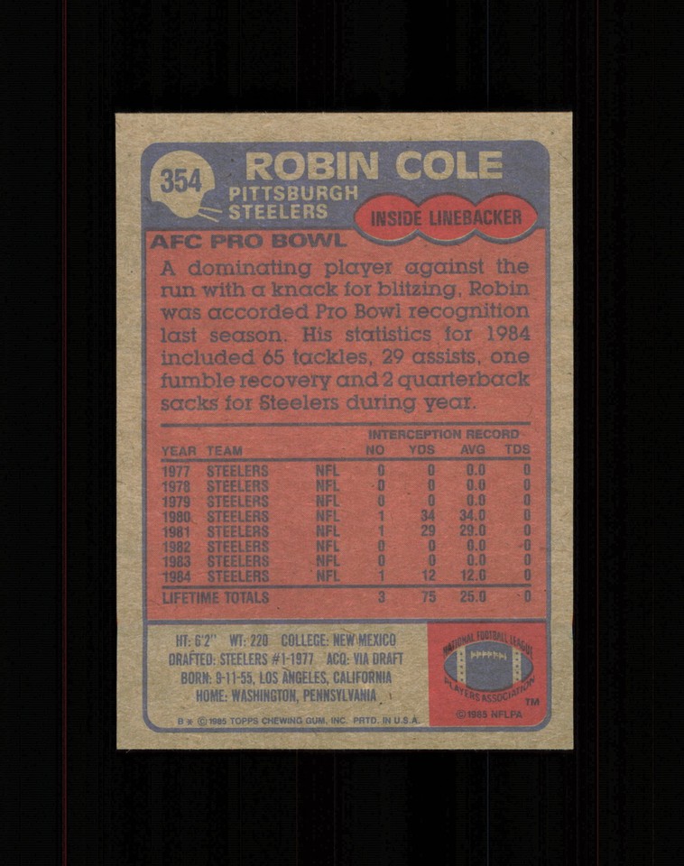 1985 Topps Football #354 Robin Cole Pittsburgh Steelers | eBay