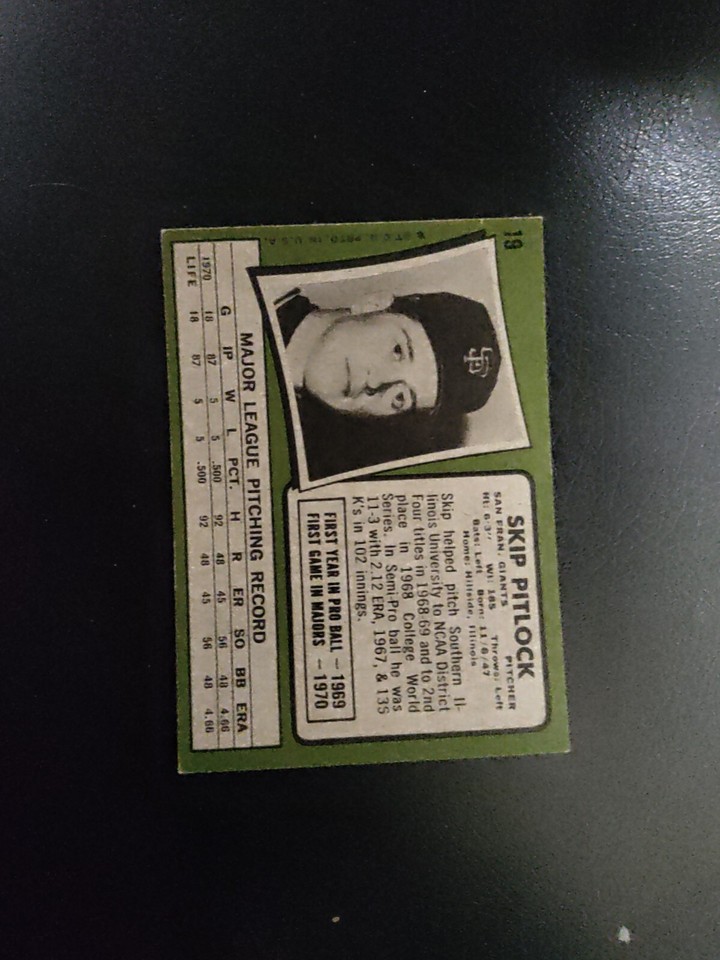 1971 Topps Baseball Skip Pitlock #19 San Francisco Giants ex free ...