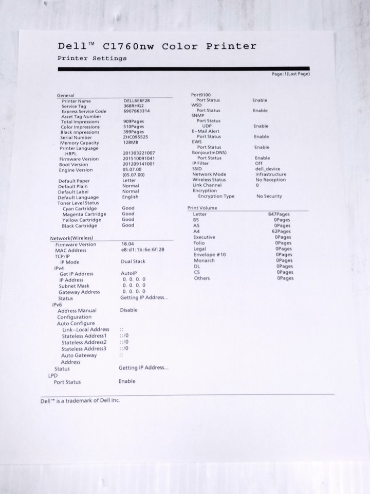 Dell C1760nw Color Laser Printer Page Count 909 Only 884116098201| eBay