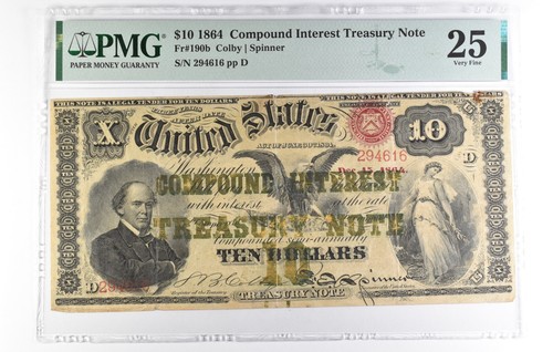 1864 $10 Compound Interest Treasury Note Fr#190b 25 VF PMG *1950 | eBay