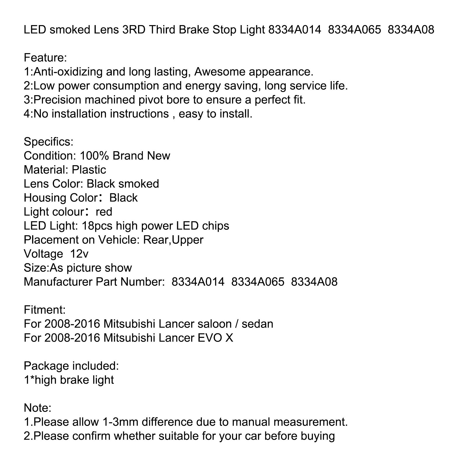 Smoke High Mount 3RD Third Brake Stop Light LED For Mitsubishi Lancer ...