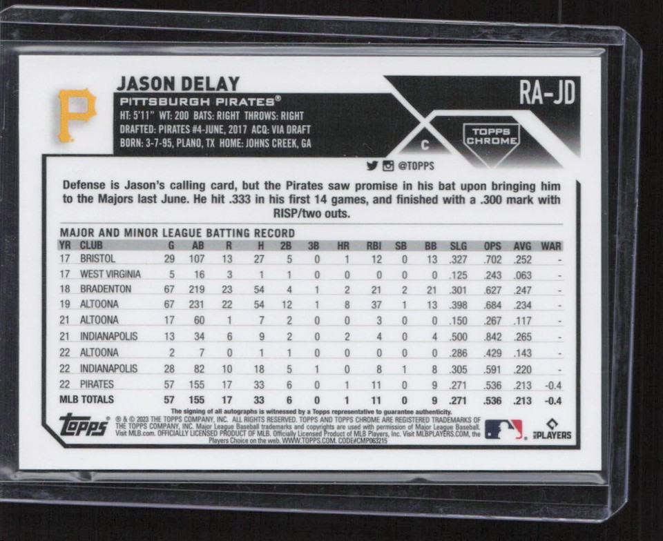 Jason Delay 2023 Topps Chrome Update Baseball Rookie RC Auto Autograph ...