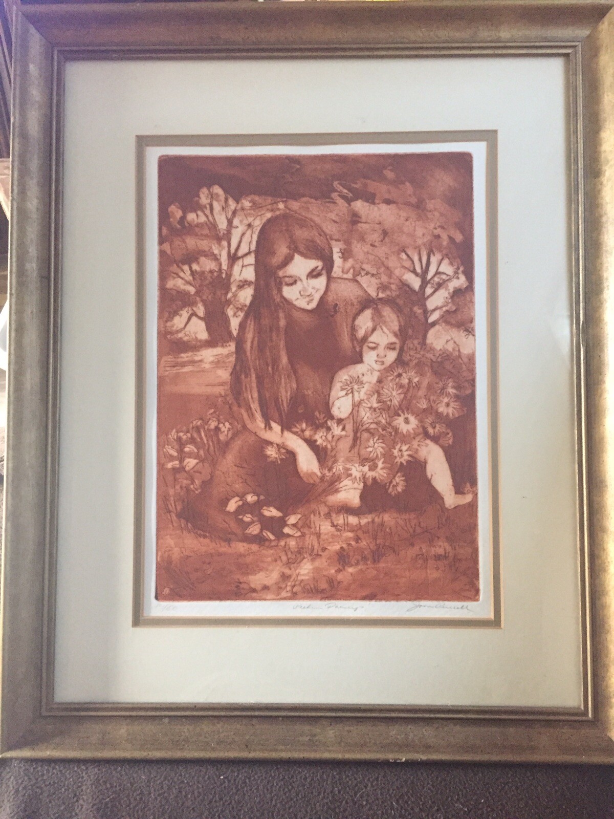 Joan Purcell Etching "Picking Daisies” Signed 101/150 Double Mat 12"x14 ...