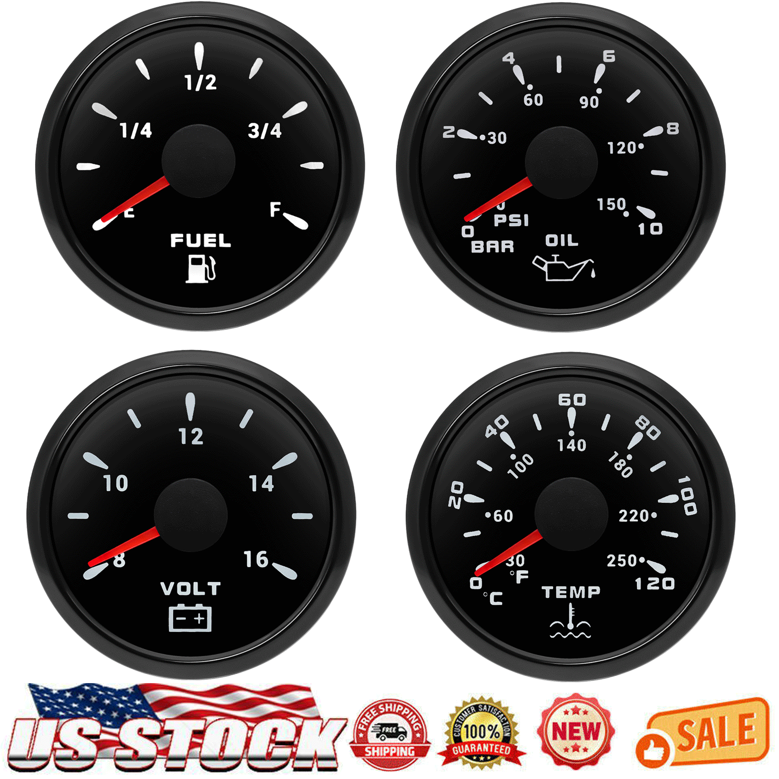 4 Gauge Set 52mm Fuel Level Oil Pressure Water Temp Voltmeter for Boat ...