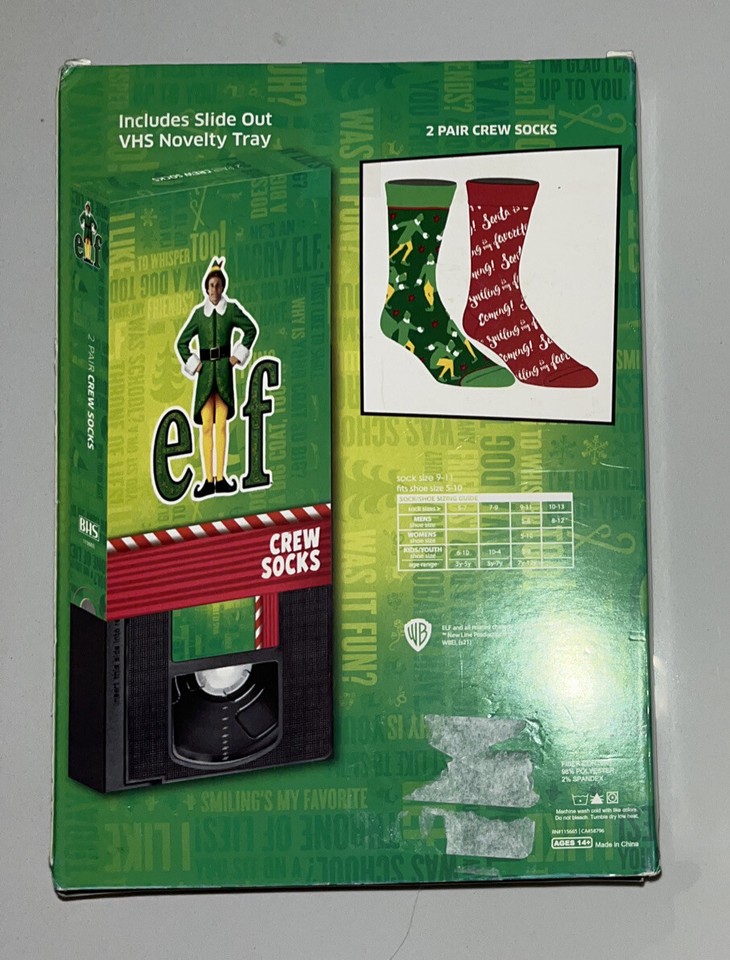 Elf in Novelty VHS Box Crew Socks - Unisex - 2 Pairs - Size 6-12 ...