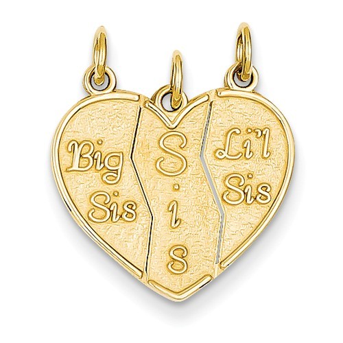 14K Yellow Gold 3 Piece Break Apart Heart Love Big Sis Lil Sis Charm ...